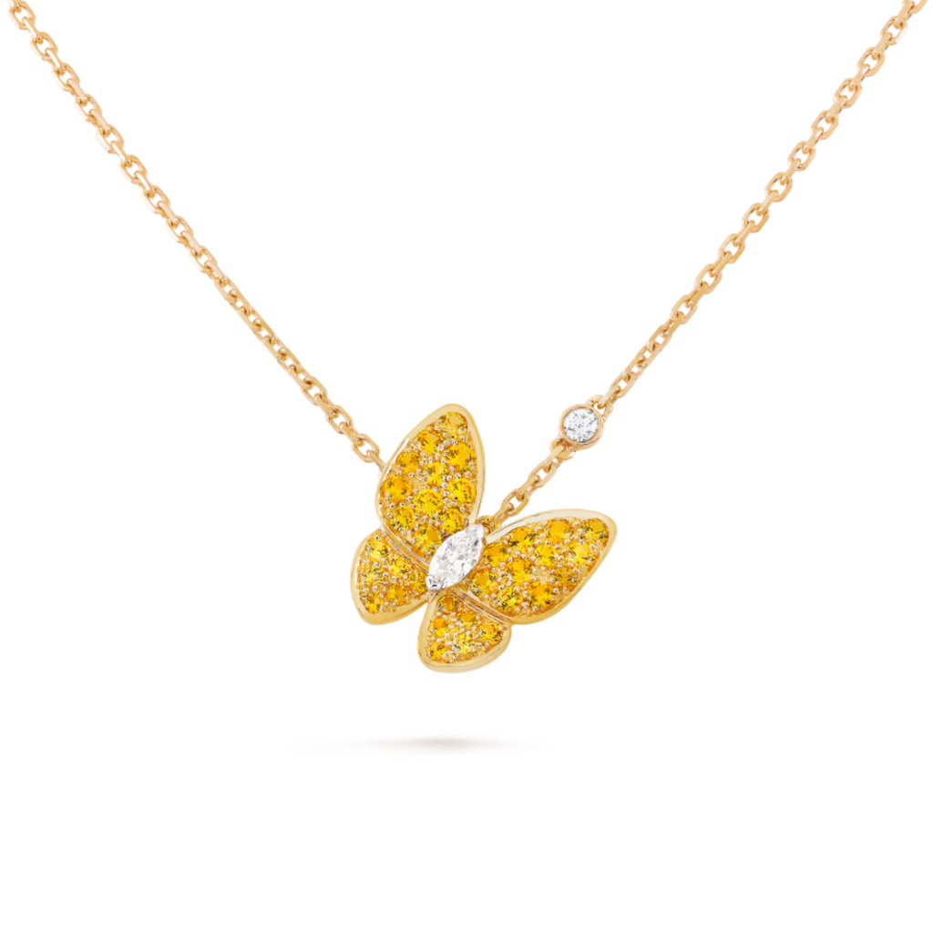 Colar Two Butterfly Pavé Laranja - Ouro 18K